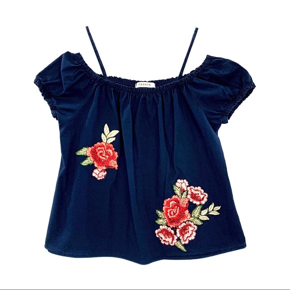 Papaya | Tops | Papaya Floral Embroidered Off Shoulder Blue Top With ...